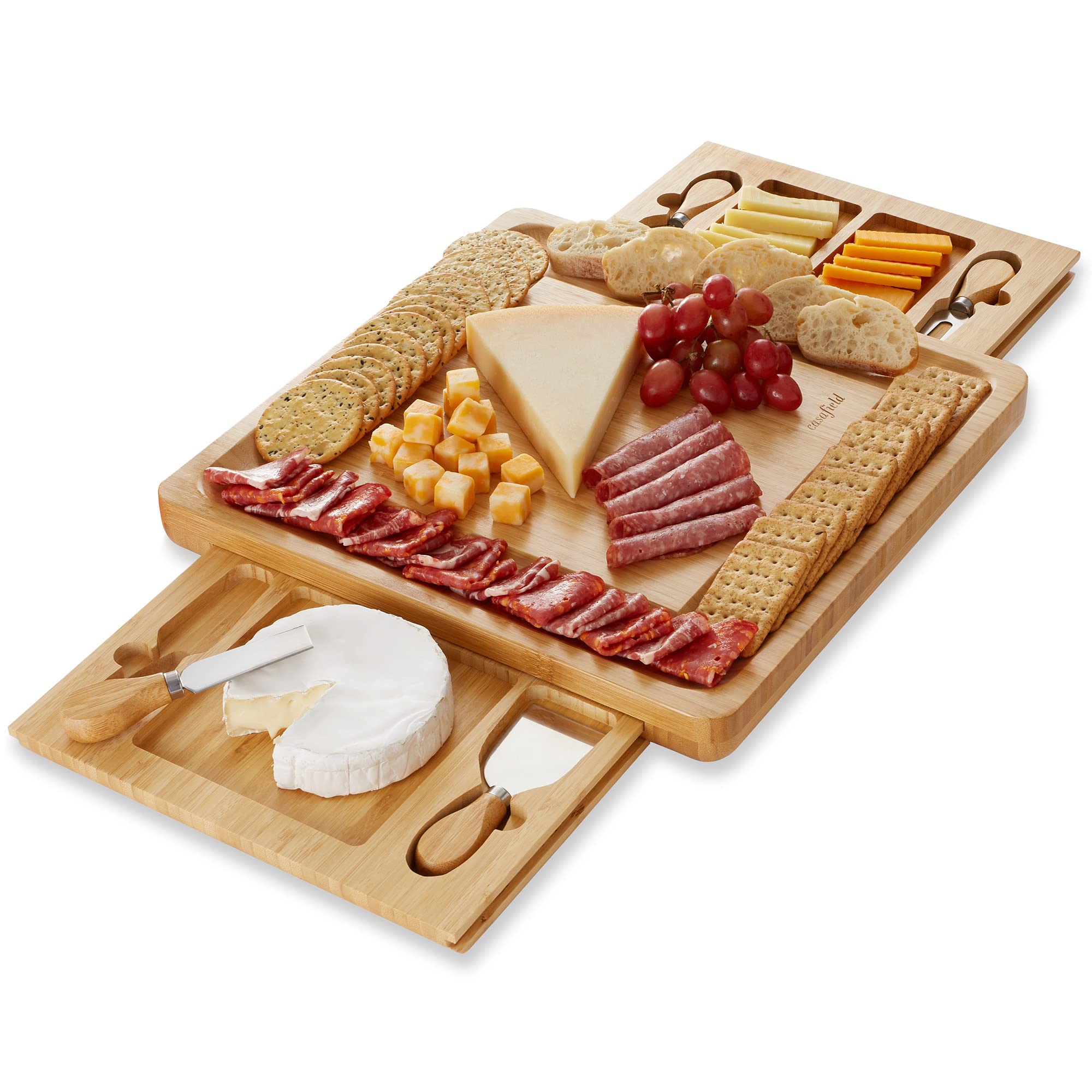 Casafield Bamboo Cheese Board and Knife Gift Set - Charcuterie Platter Wooden Serving Tray for Meat, Fruit, Crackers with 2 Slide-Out Snack Trays and 4 Stainless Steel Knives