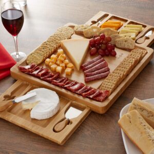 Casafield Bamboo Cheese Board and Knife Gift Set - Charcuterie Platter Wooden Serving Tray for Meat, Fruit, Crackers with 2 Slide-Out Snack Trays and 4 Stainless Steel Knives