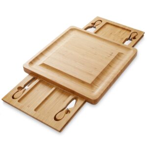 Casafield Bamboo Cheese Board and Knife Gift Set - Charcuterie Platter Wooden Serving Tray for Meat, Fruit, Crackers with 2 Slide-Out Snack Trays and 4 Stainless Steel Knives