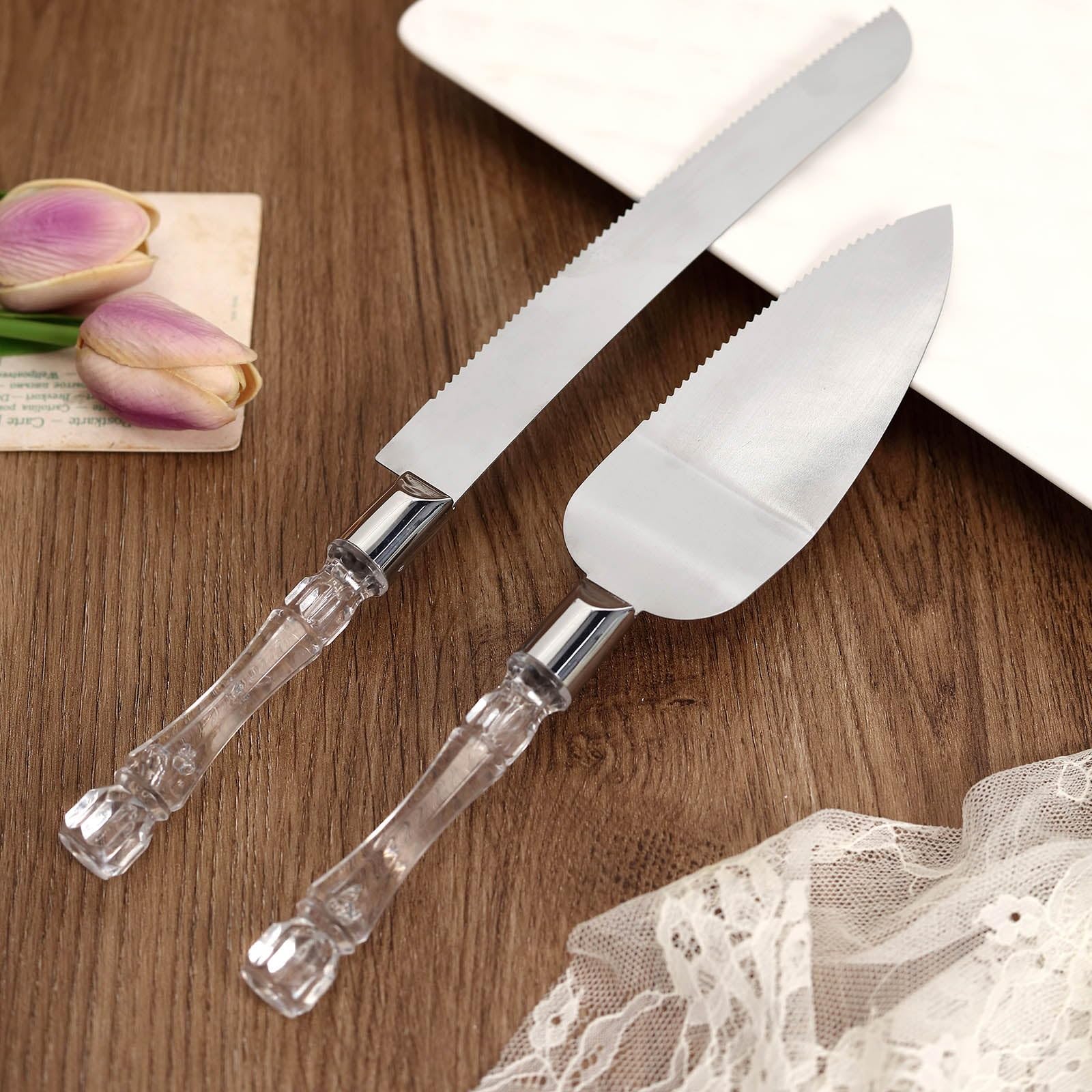 Efavormart Stainless Steel Knife & Server Set with Clear Acrylic Handle - Box for Wedding, Birthday, Upscale Occasions, Special Events, Hotels, Restaurants