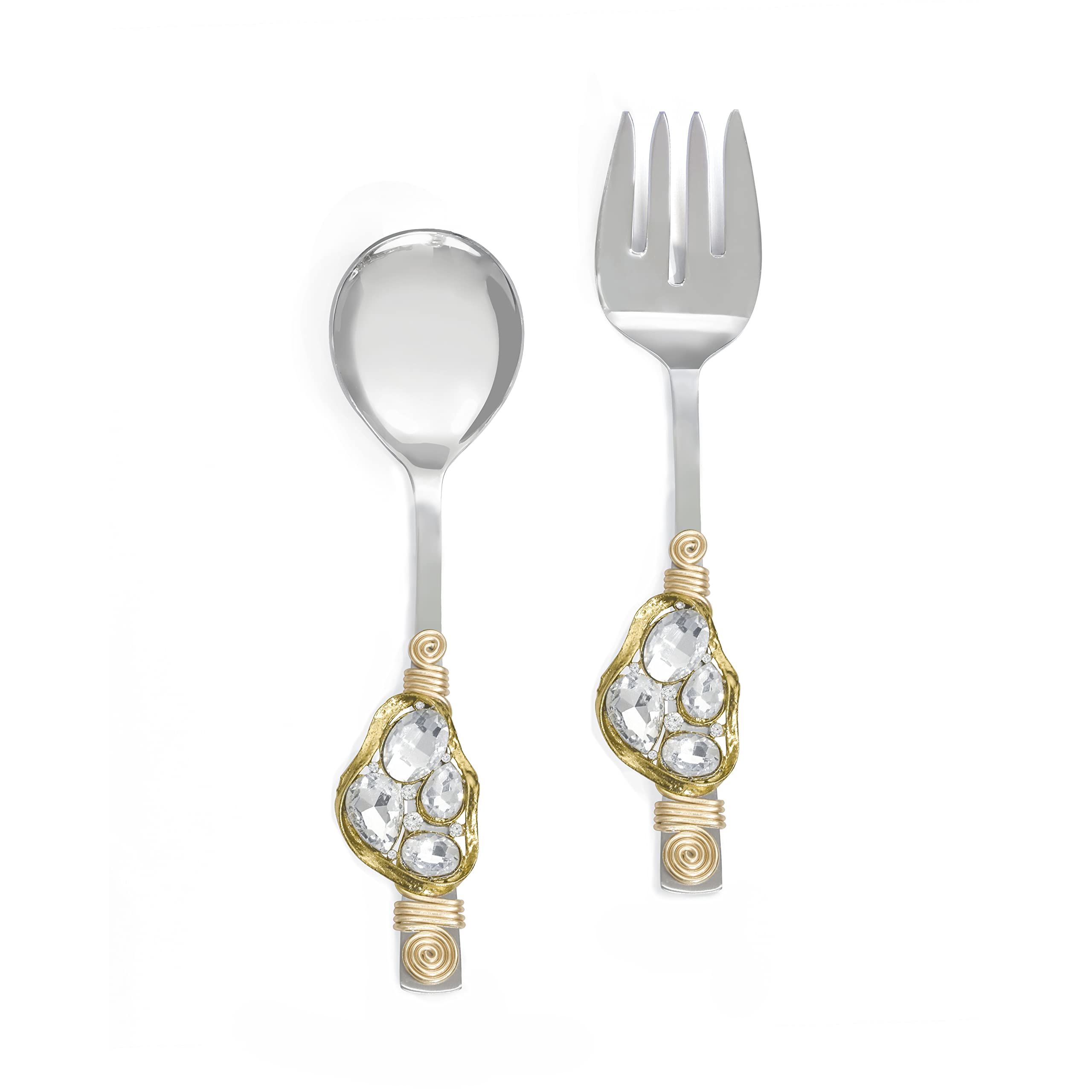 YoTreasure Tiramisu Cumulus Crystal Stainless Steel Gold Crystal Salad Server Set Utensils for Modern Serving