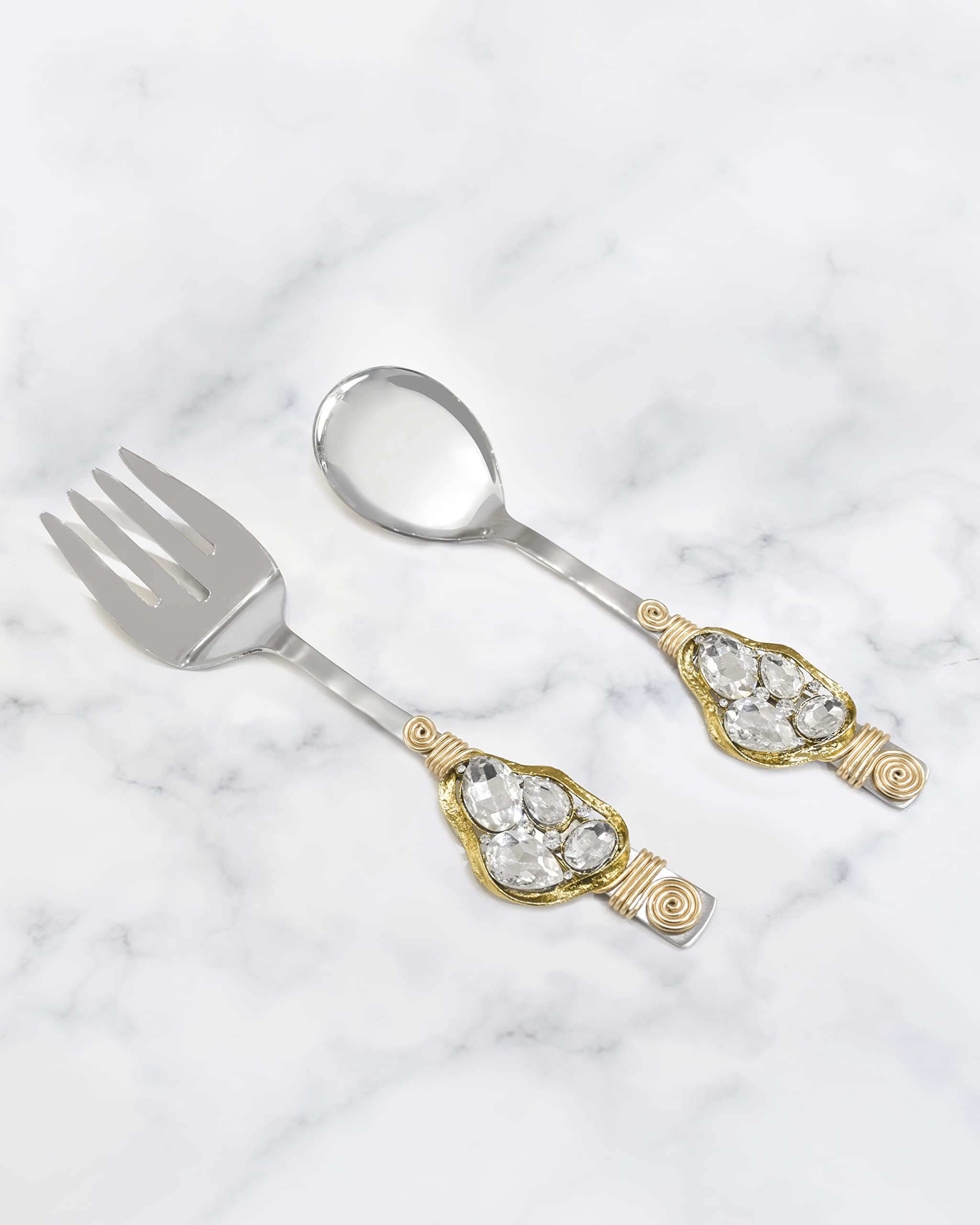 YoTreasure Tiramisu Cumulus Crystal Stainless Steel Gold Crystal Salad Server Set Utensils for Modern Serving