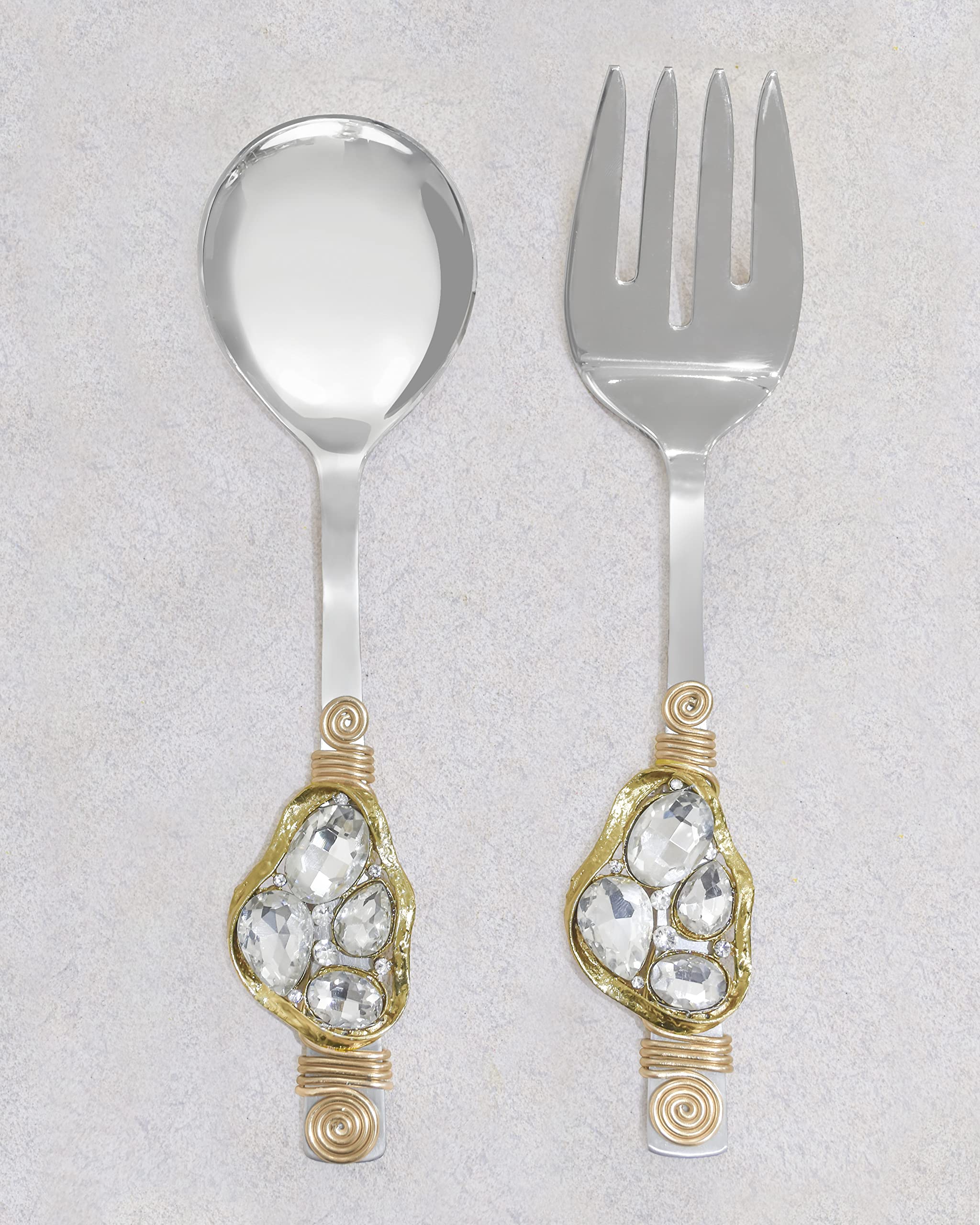 YoTreasure Tiramisu Cumulus Crystal Stainless Steel Gold Crystal Salad Server Set Utensils for Modern Serving