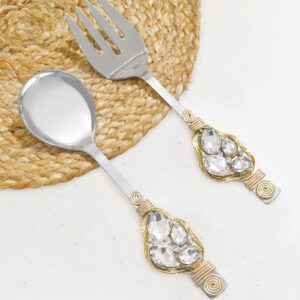 YoTreasure Tiramisu Cumulus Crystal Stainless Steel Gold Crystal Salad Server Set Utensils for Modern Serving