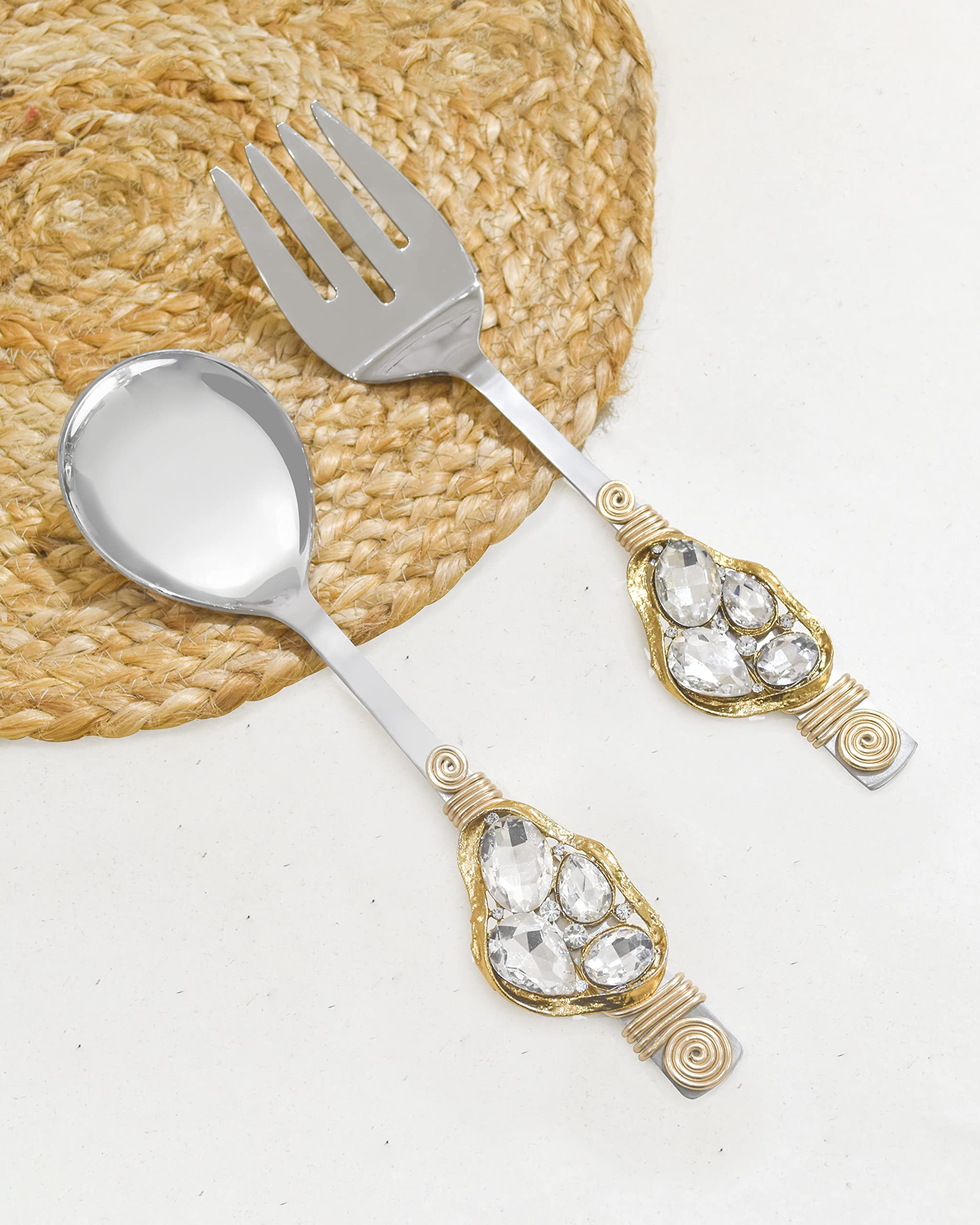 YoTreasure Tiramisu Cumulus Crystal Stainless Steel Gold Crystal Salad Server Set Utensils for Modern Serving