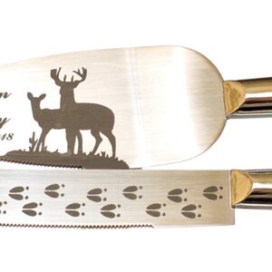 Aaron's Etching Deer Couple Buck & Doe Engraved Wedding Cake Knife/Server Set with Names and Date