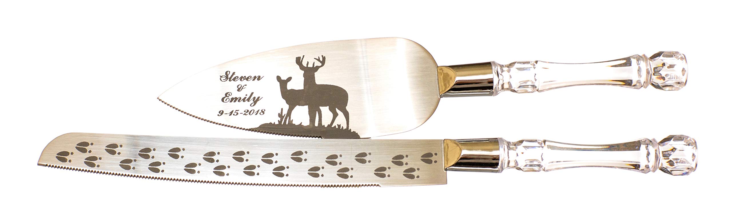 Aaron's Etching Deer Couple Buck & Doe Engraved Wedding Cake Knife/Server Set with Names and Date