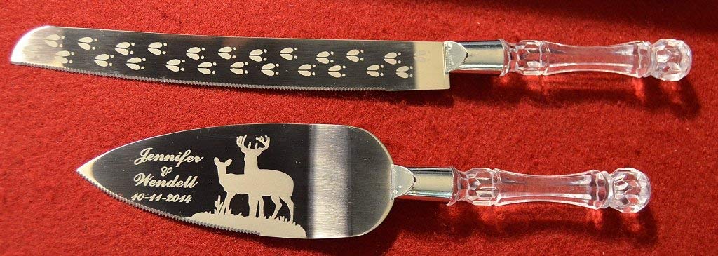 Aaron's Etching Deer Couple Buck & Doe Engraved Wedding Cake Knife/Server Set with Names and Date