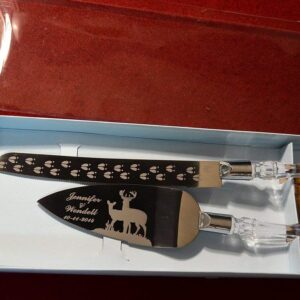 Aaron's Etching Deer Couple Buck & Doe Engraved Wedding Cake Knife/Server Set with Names and Date