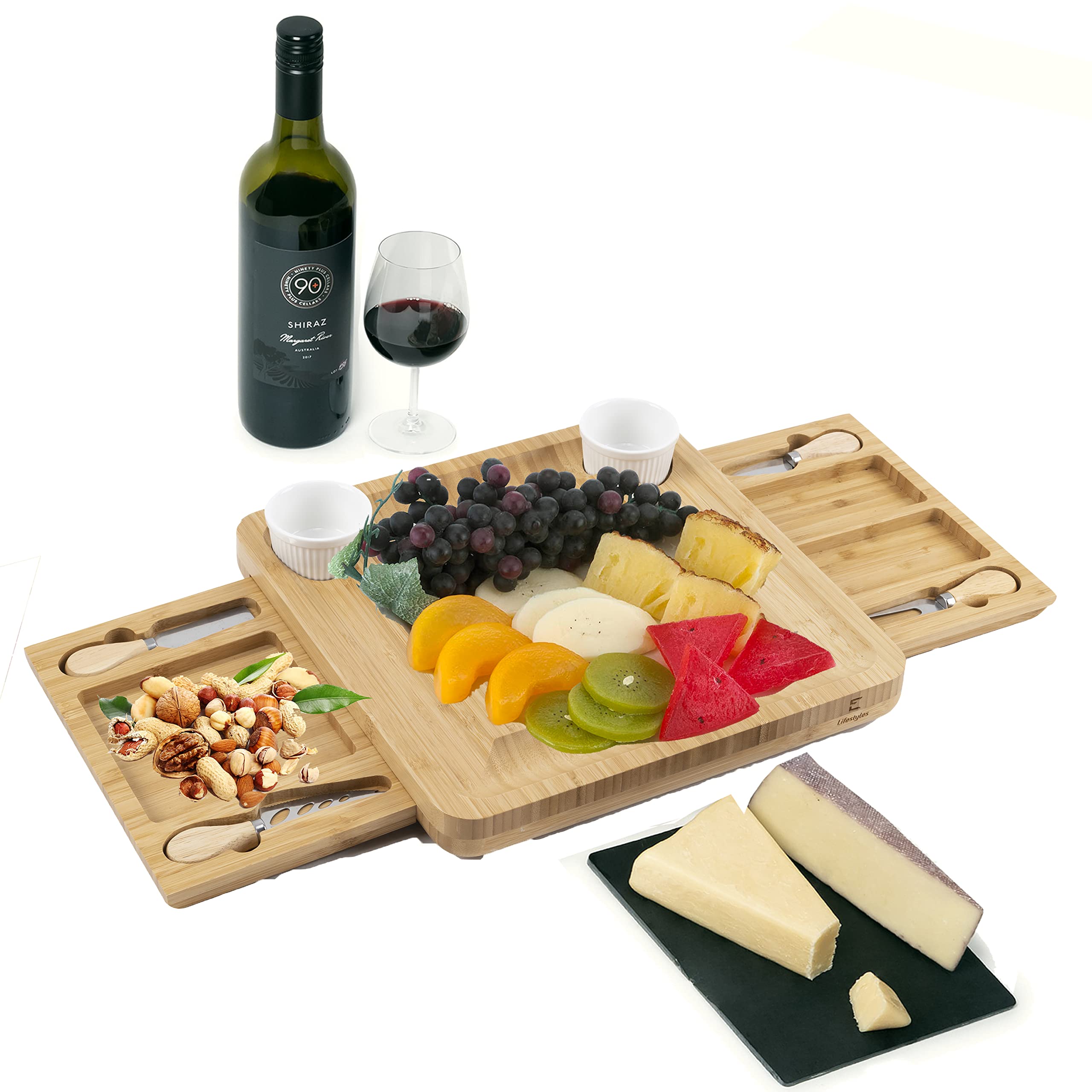 Emporio Logic Cheese Board Set with Ceramic Cups, Marble Slate & Cheese Knife Set – Large Cheese Plates & Platter - Wedding and Housewarming Gifts