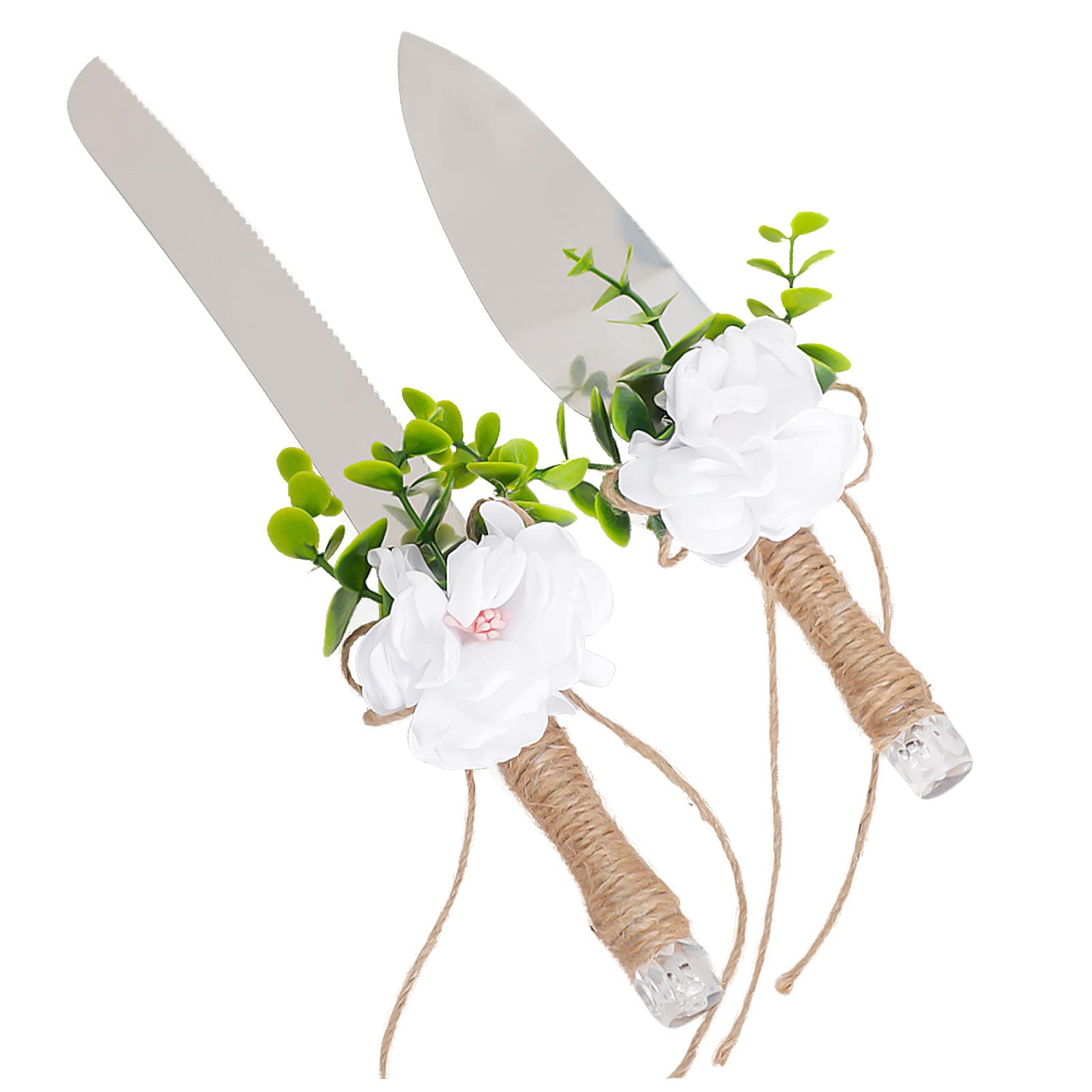 MSUIINT Wedding Cake Knife and Server Set of 2 with Eucalyptus Leaves, Rustic Wedding Cake Cutting and Serving Set Bridal Groom Cutter Set Table Decor Bridesmaids Hand Gift for Parties Weddings, A