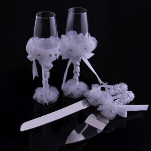 creative wedding supplies wedding wine cup cake knife shovel server set transparent glass goblet stainless steel knife shovel white flower cake knife shovel four-piece set