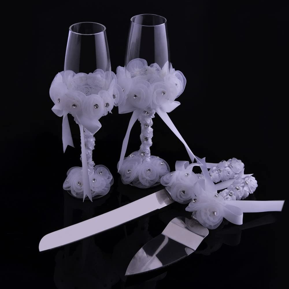 Creative Wedding Supplies Wedding Wine Cup Cake Knife Shovel Server Set Transparent Glass Goblet Stainless Steel Knife Shovel White Flower Cake Knife Shovel Four-piece Set