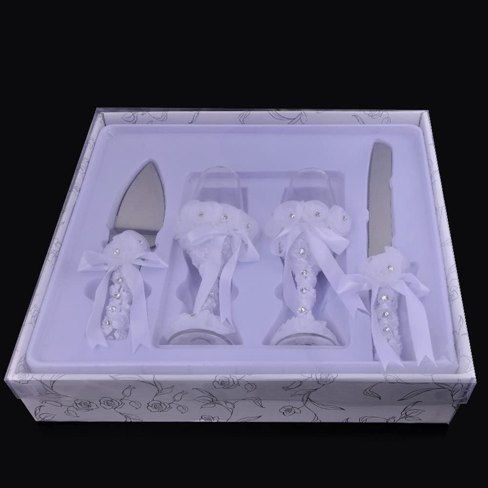 Creative Wedding Supplies Wedding Wine Cup Cake Knife Shovel Server Set Transparent Glass Goblet Stainless Steel Knife Shovel White Flower Cake Knife Shovel Four-piece Set