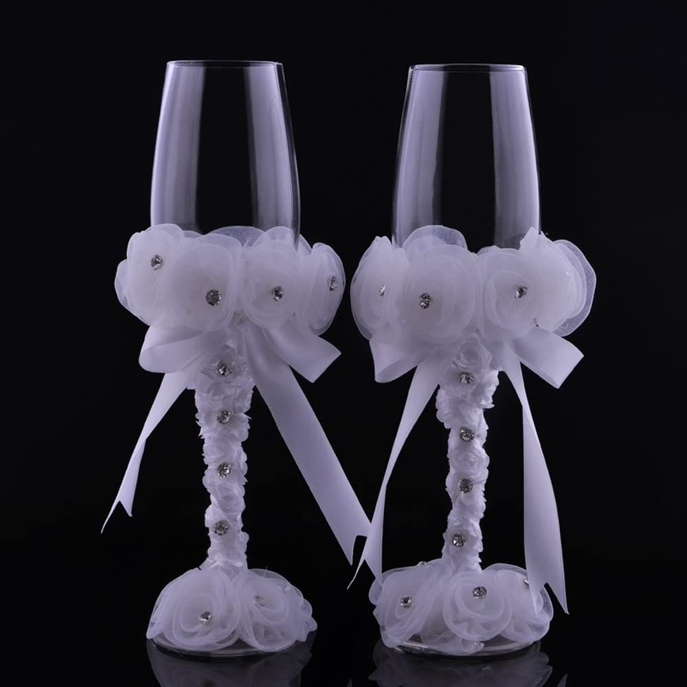 Creative Wedding Supplies Wedding Wine Cup Cake Knife Shovel Server Set Transparent Glass Goblet Stainless Steel Knife Shovel White Flower Cake Knife Shovel Four-piece Set