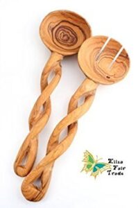 handmade wild olive wood salad server set by eliza fair trade - wooden salad tongs - 8" long