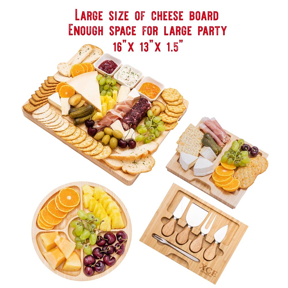 XcE Bamboo Cheese Board and Charcuterie Board with Knife Set, 16 x 13 x 1.5 inch, 2 Set Bundle