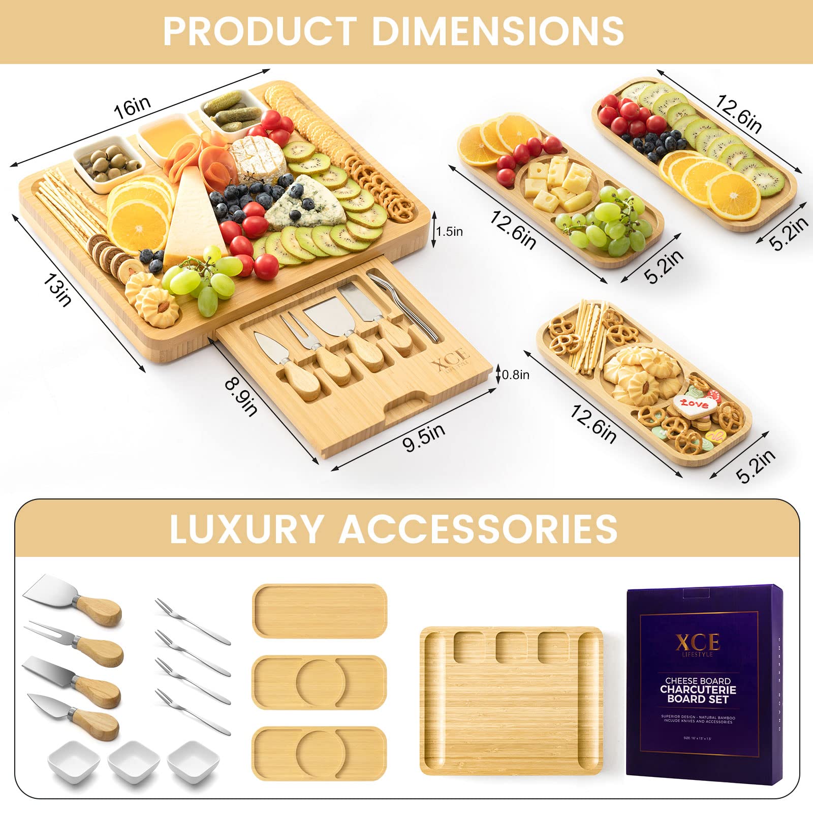 XcE Bamboo Cheese Board and Charcuterie Board with Knife Set, 16 x 13 x 1.5 inch, 2 Set Bundle