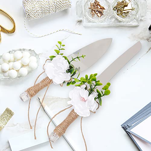 YHNJI 2Pcs Wedding Cake Knife and Server Set, Silver Cake Cutting Set with Eucalyptus Leaves Burlap Lace And Rose Bridal Cutter Set for Wedding Birthday Party