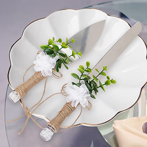 YHNJI 2Pcs Wedding Cake Knife and Server Set, Silver Cake Cutting Set with Eucalyptus Leaves Burlap Lace And Rose Bridal Cutter Set for Wedding Birthday Party