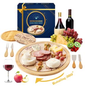 lazy susan cheese board with cutlery premium bamboo turntable charcuterie board - unique rotating cheese wine pairing platter gift set