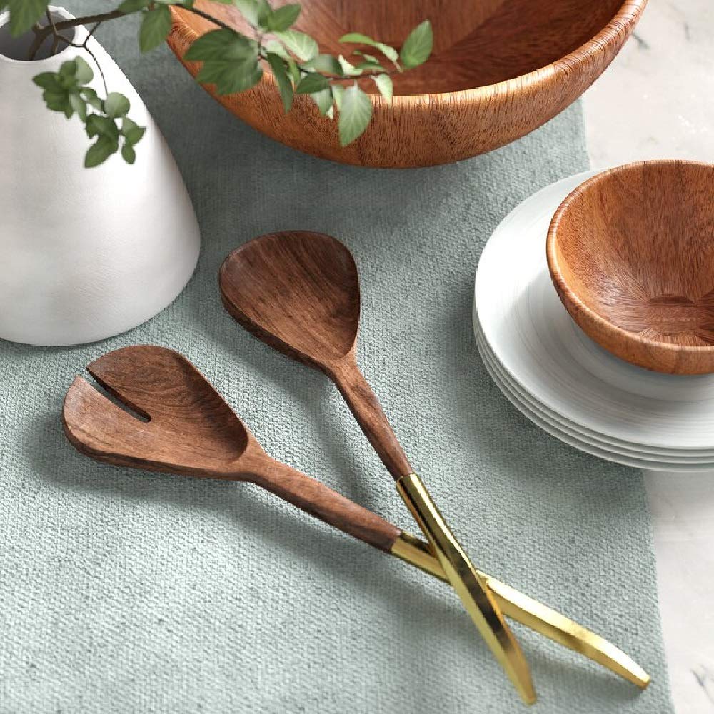 Wooden Salad Servers With Gold Handle