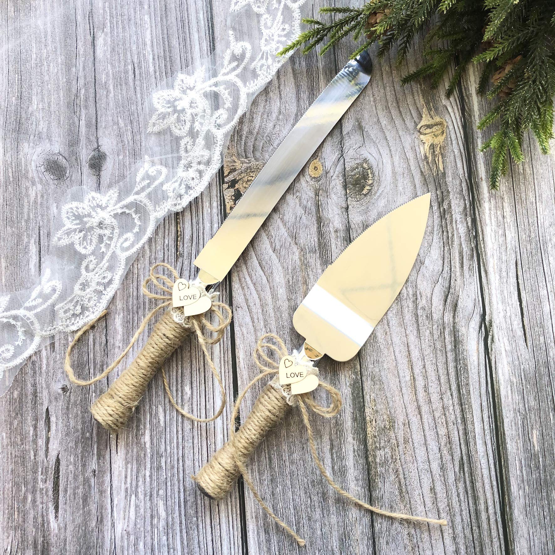 Abbie Home Wedding Cake Knife and Server Set with Burlap Twines Handle for Garden Wedding Ceremony (ZY-L26)