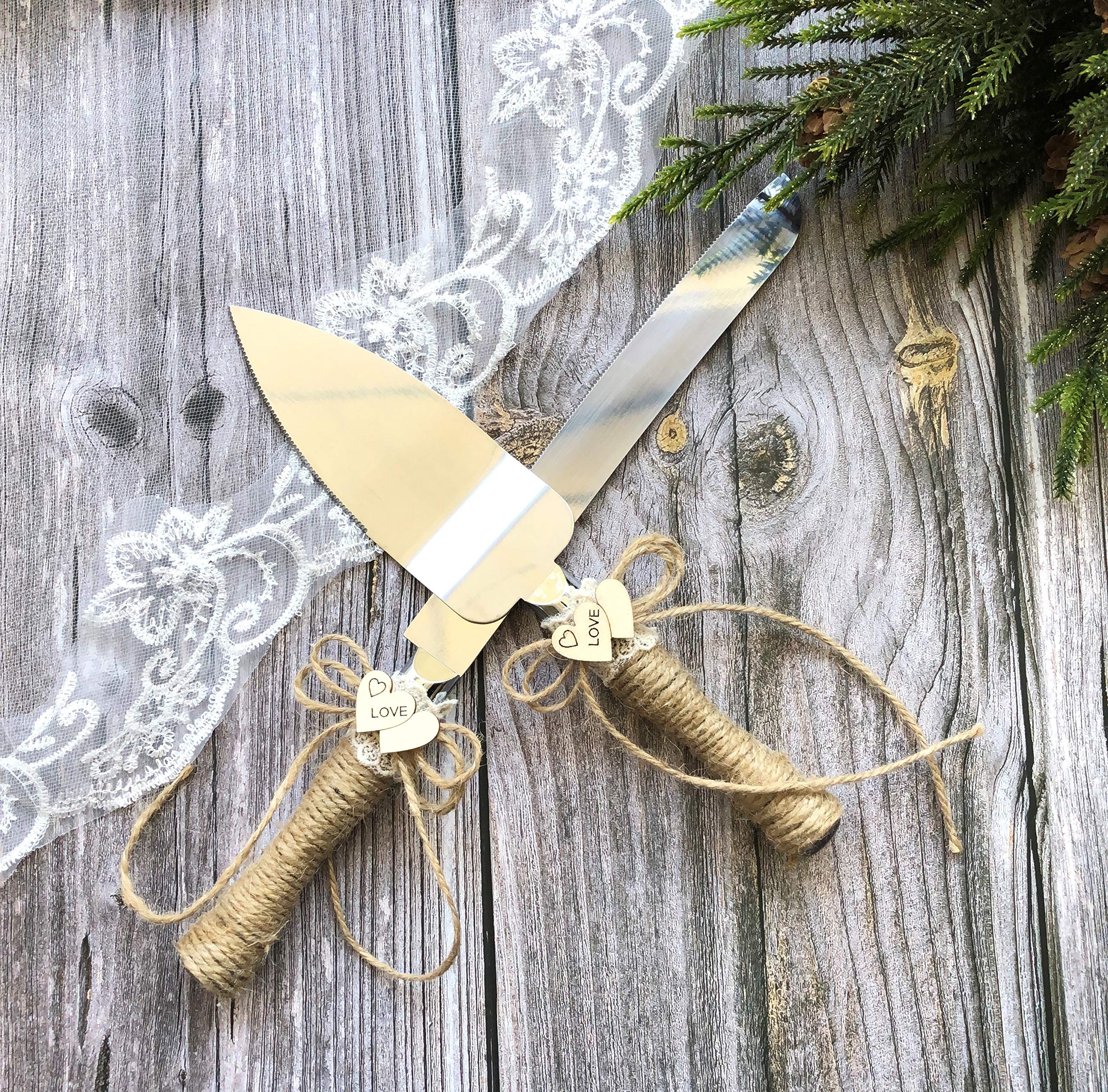 Abbie Home Wedding Cake Knife and Server Set with Burlap Twines Handle for Garden Wedding Ceremony (ZY-L26)