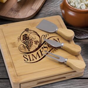 Personalized Engraved Cheese Board Tray and Knife Tools Set - Custom Monogrammed