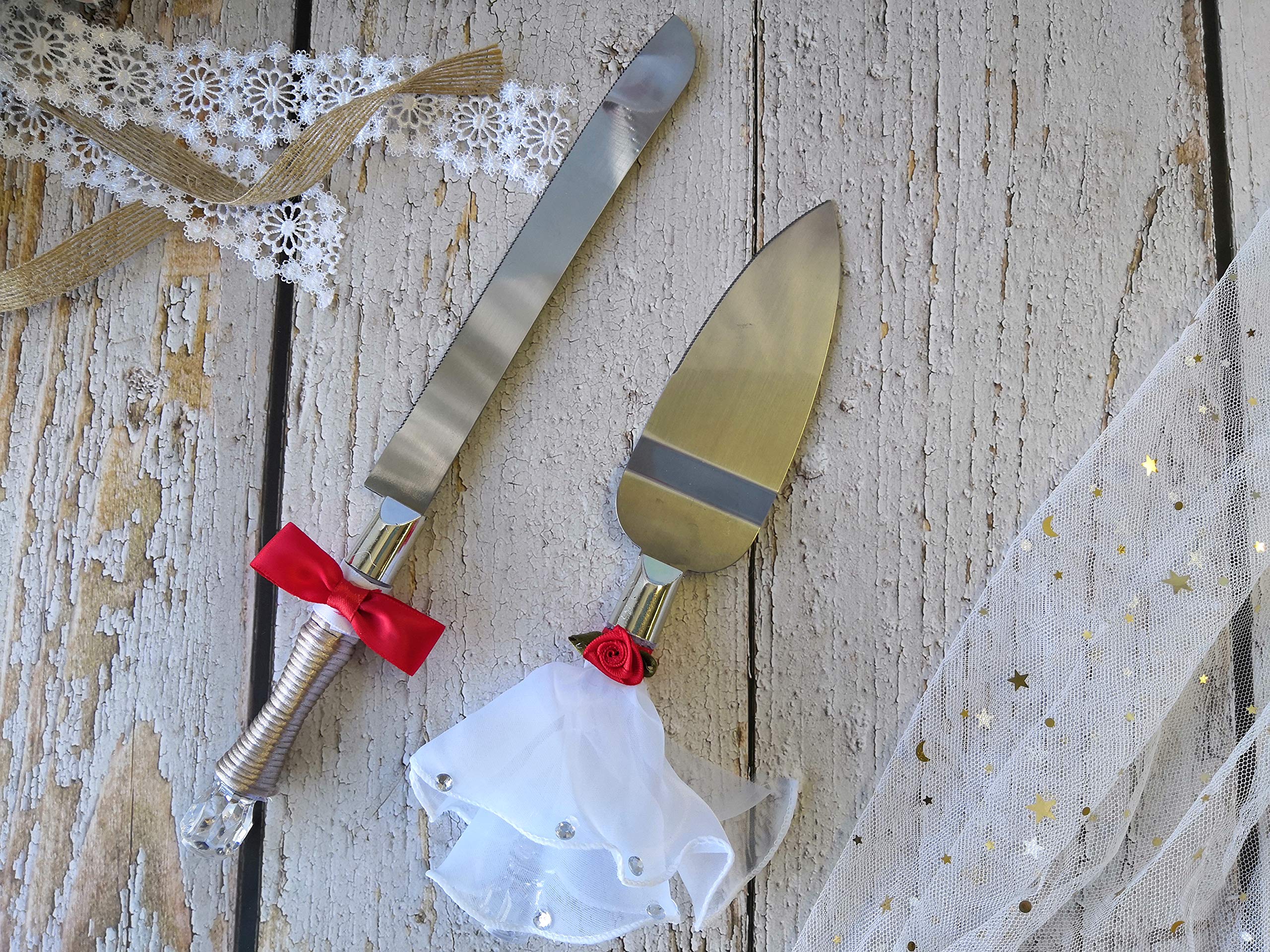 Abbie Home Wedding Anniversary Cake Knife and Server Set in Grey and White- Silk Bow Tie and Red Rose Rhinestone Lace Decoration (Cake Knife&Server Set)