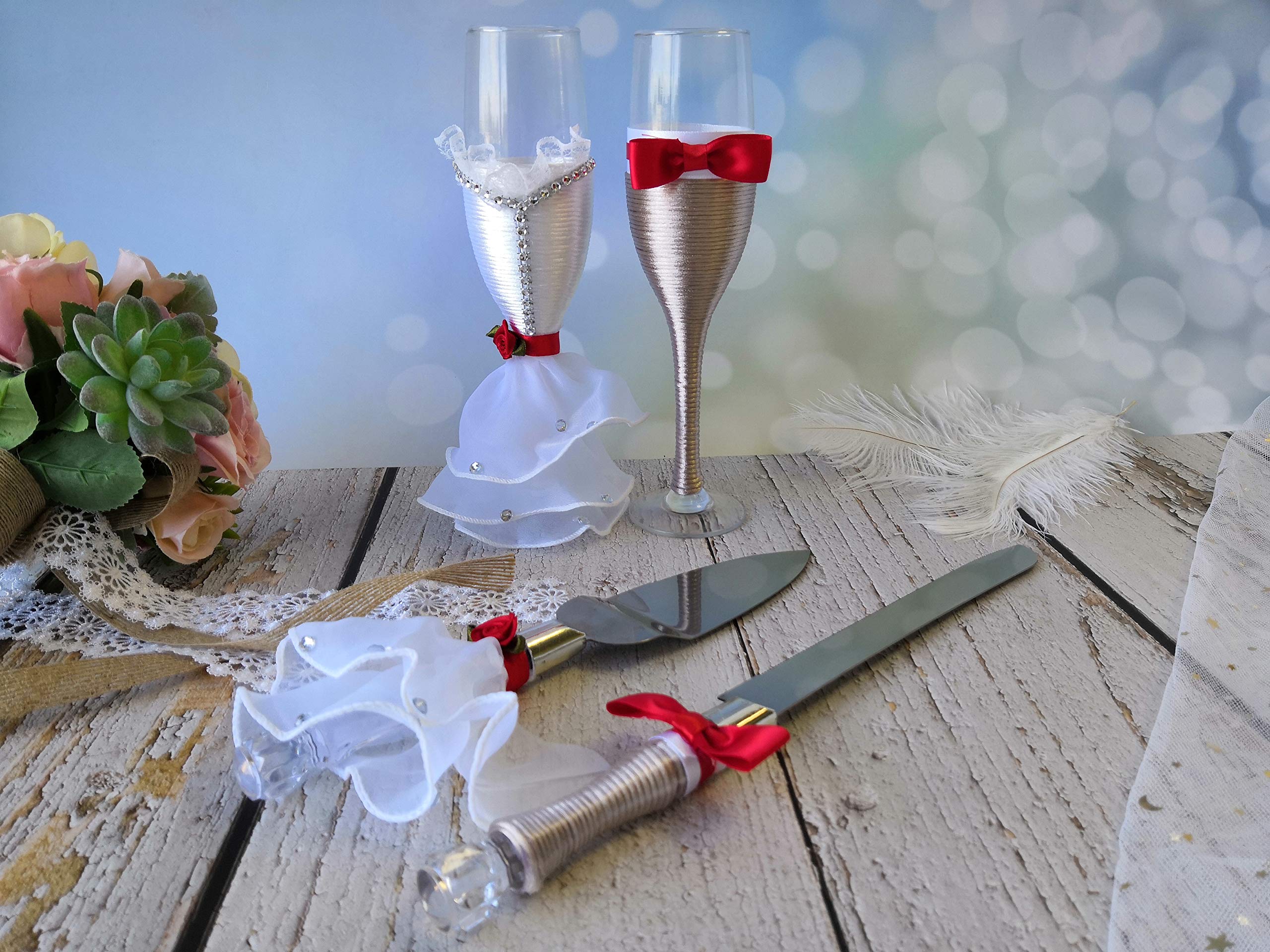 Abbie Home Wedding Anniversary Cake Knife and Server Set in Grey and White- Silk Bow Tie and Red Rose Rhinestone Lace Decoration (Cake Knife&Server Set)