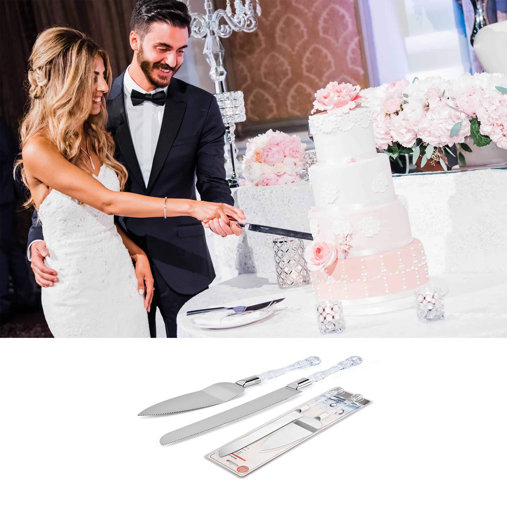 Cake Knife Spatula Elegant Clear Design Serving Set - 2 in One - Stainless Steel Cake and Pie Server - Cake Cutting Set for Birthday Wedding Engagement Anniversary - Best Gift Idea (Clear)