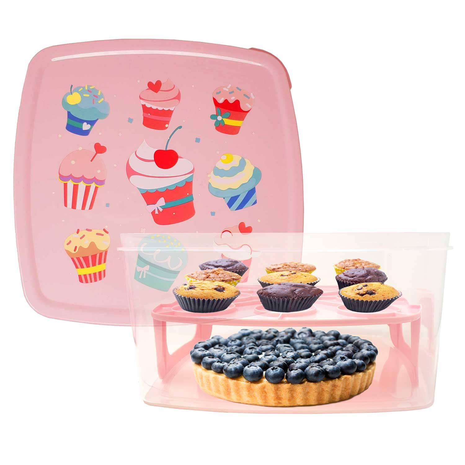 Lavo Home Cake & Cupcake Carrier/Storage Container Holds up to 8 inch 2-layer cake, Pink & Clear - Transports Cakes, Pies, Muffins or Other Desserts - Freezer & Dishwasher Safe