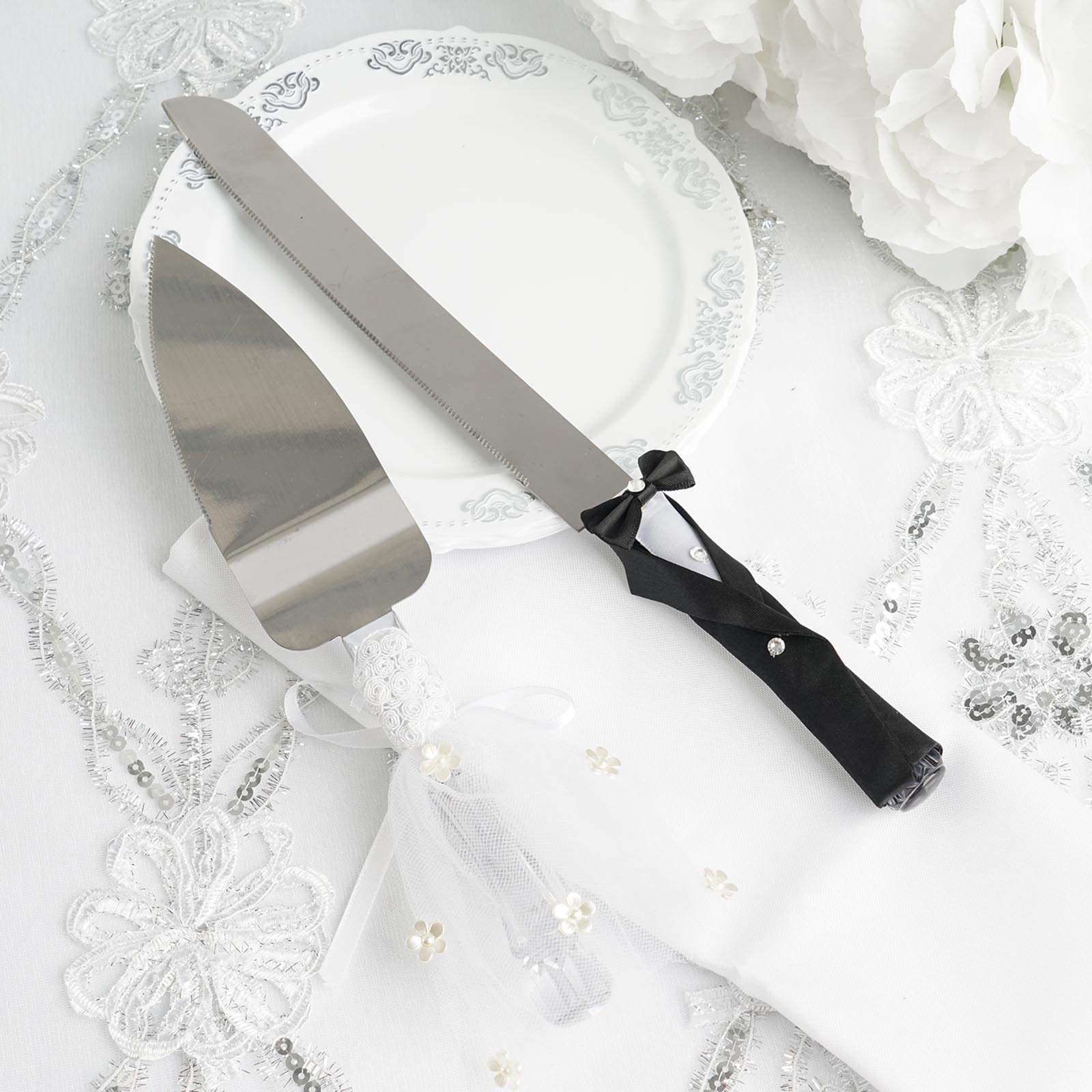 BalsaCircle Silver Cake Knife and Server Set with Groom Bride Handles - Wedding Reception Events Home Party Decorations Supplies