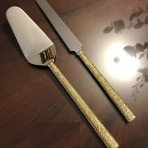 Elegant 2 Piece Cake Server Set 1 Cake Knife and 1 Cake Server 2 Tone Made of Stainless Steel and Beautiful Gold Design Ideal for Weddings, Parties, Elegant Events.