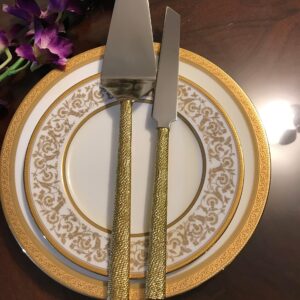 Elegant 2 Piece Cake Server Set 1 Cake Knife and 1 Cake Server 2 Tone Made of Stainless Steel and Beautiful Gold Design Ideal for Weddings, Parties, Elegant Events.