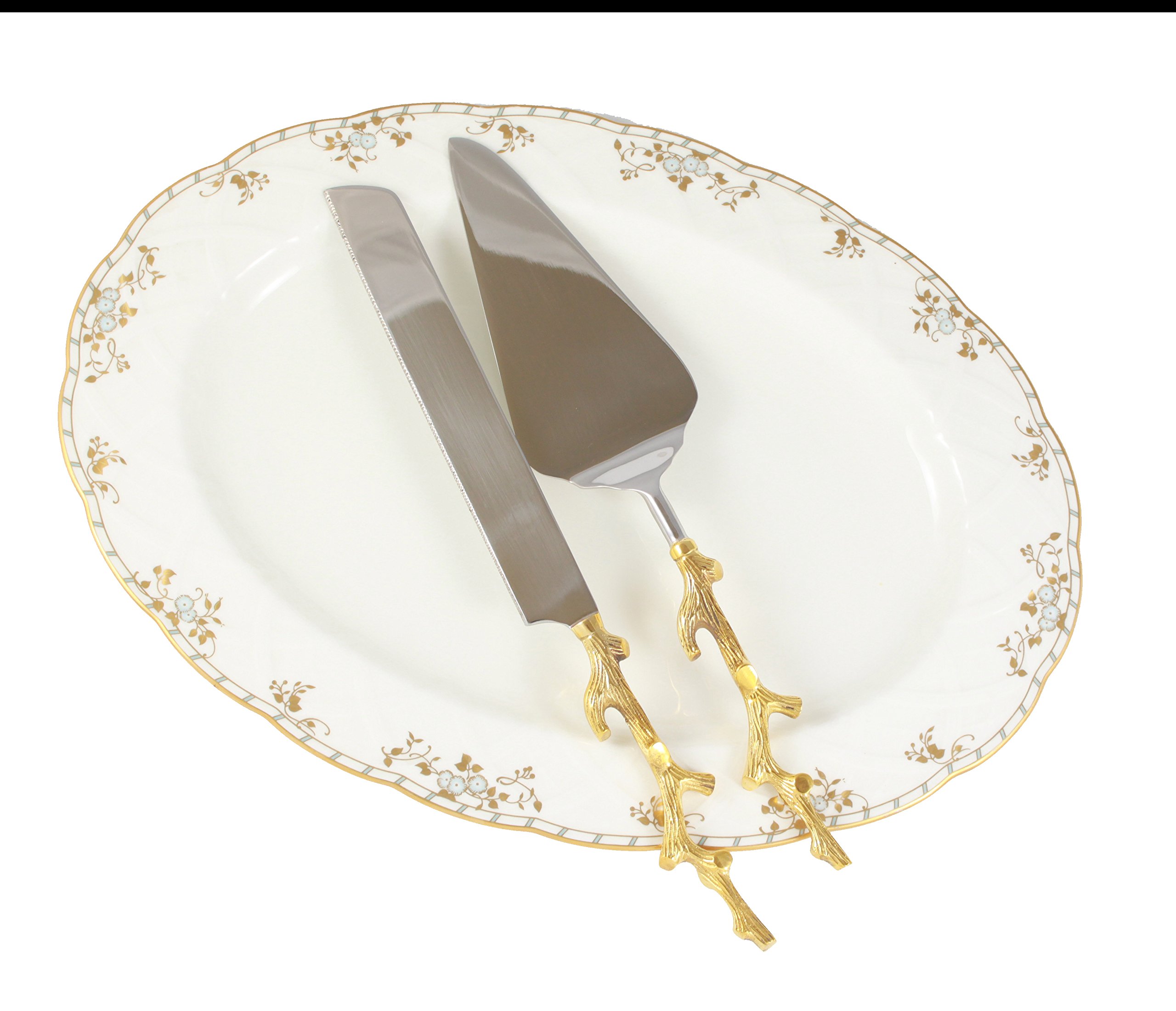 RS Accessories LLC Server Set, Cake, Pie, Desert Flatware Set, Tree Branch Design, 2-Piece 18/10 Stainless Steel with Brass Handles (Light Antique Gold Finish)…