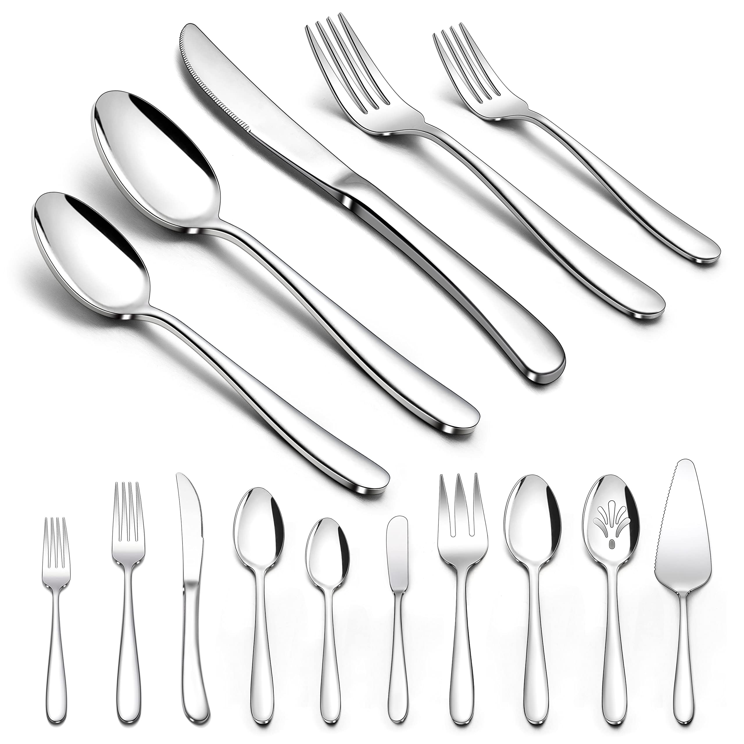 Herogo Heavy Duty Silverware Set with Serving Utensils, 45-Piece Stainless Steel Heavy Weight Modern Flatware Set for 8, Fancy Cutlery for Home Wedding, Dishwasher Safe, Mirror Finished