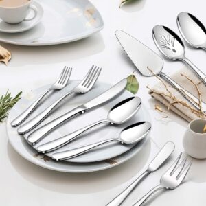 Herogo Heavy Duty Silverware Set with Serving Utensils, 45-Piece Stainless Steel Heavy Weight Modern Flatware Set for 8, Fancy Cutlery for Home Wedding, Dishwasher Safe, Mirror Finished