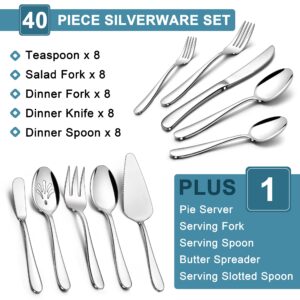 Herogo Heavy Duty Silverware Set with Serving Utensils, 45-Piece Stainless Steel Heavy Weight Modern Flatware Set for 8, Fancy Cutlery for Home Wedding, Dishwasher Safe, Mirror Finished