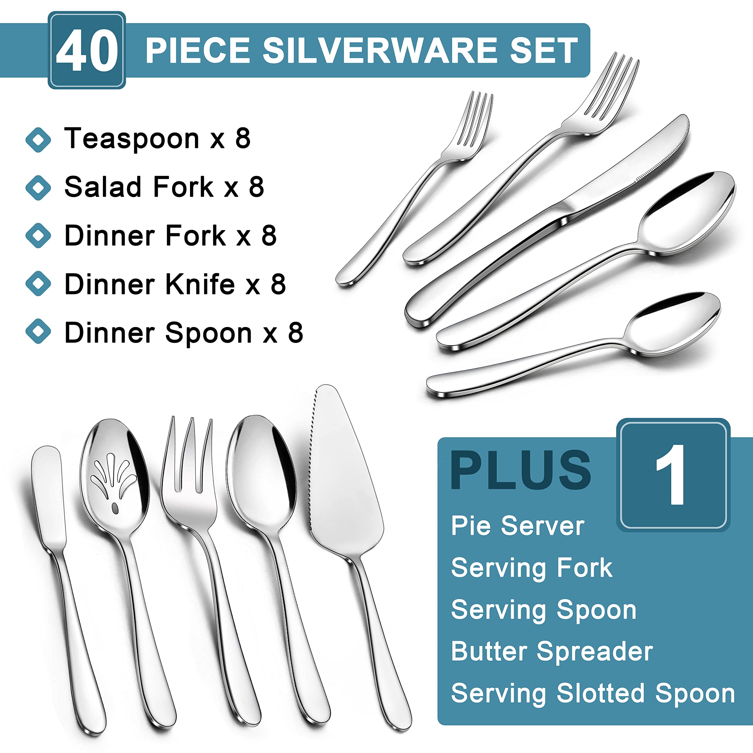 Herogo Heavy Duty Silverware Set with Serving Utensils, 45-Piece Stainless Steel Heavy Weight Modern Flatware Set for 8, Fancy Cutlery for Home Wedding, Dishwasher Safe, Mirror Finished