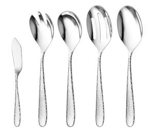 danialli 10 piece serving set, 18 10 stainless steel hostess set, slotted serving spoon, serving spoon, salad serving spoon/fork, butter knife, fidenza hammered set, dishwasher safe (mirror polished)