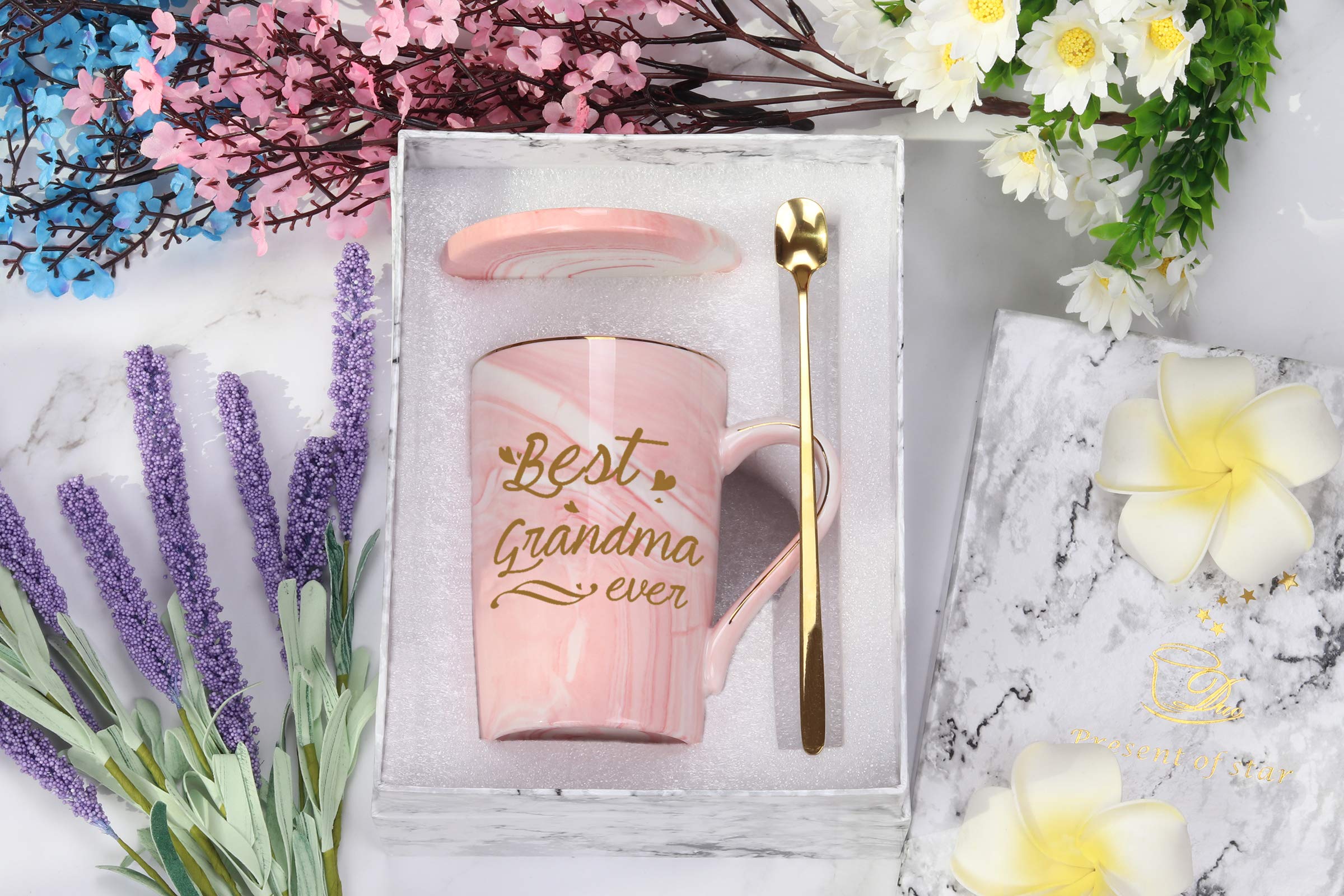 Best Grandma Mug Best Grandma Ever Mug Grandma gifts Birthday Mothers Day Gifts for Grandma from Granddaughter Grandson Grandchildren Grandkids 14 Ounce Exquisite Box Spoon and Mug Mat Pink