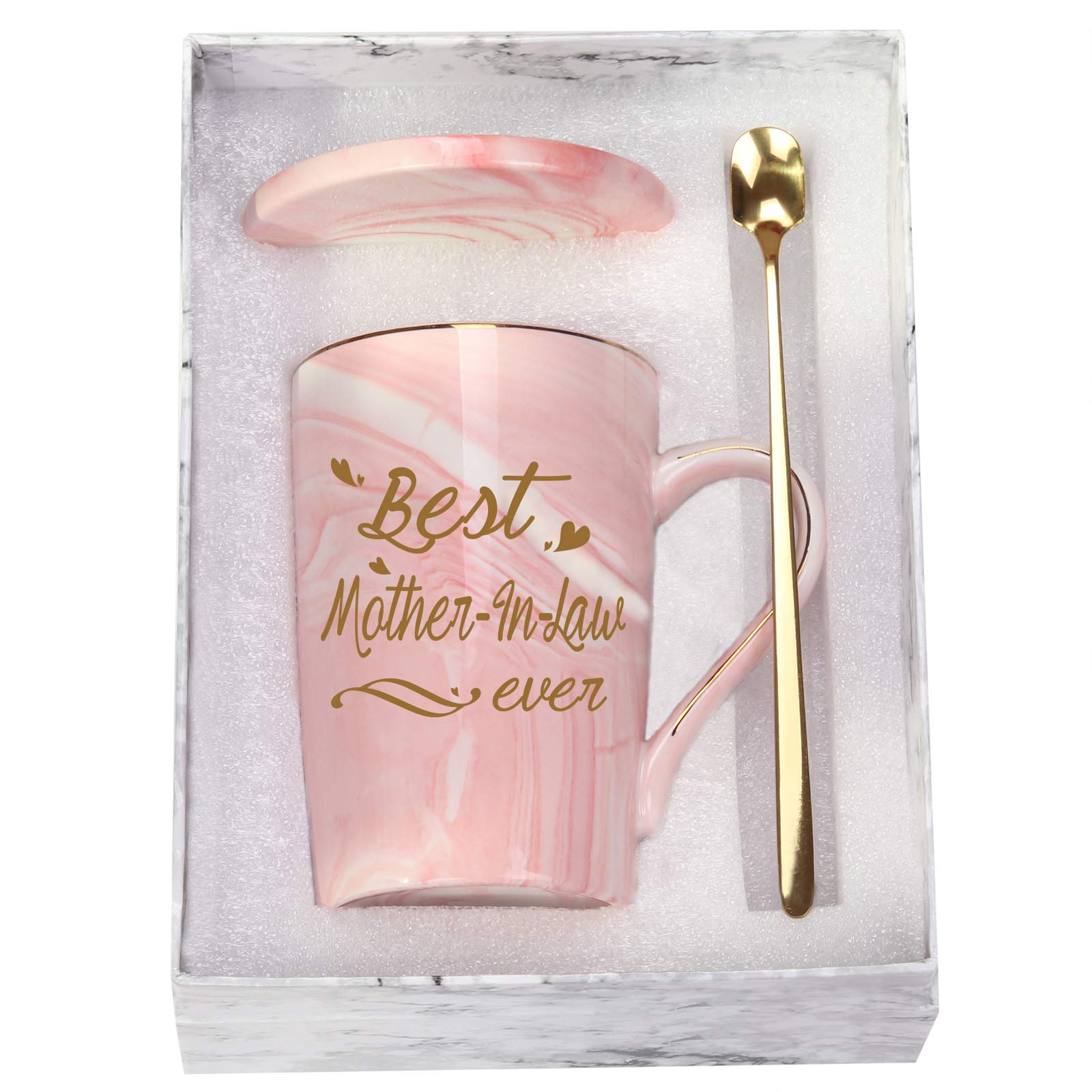 Mother In Law Coffee Mugs Best Mother In Law Gifts Birthday Mothers Day Gifts from Daughter Son In Law 14 Ounce Pink with Gift Box Spoon Coaster