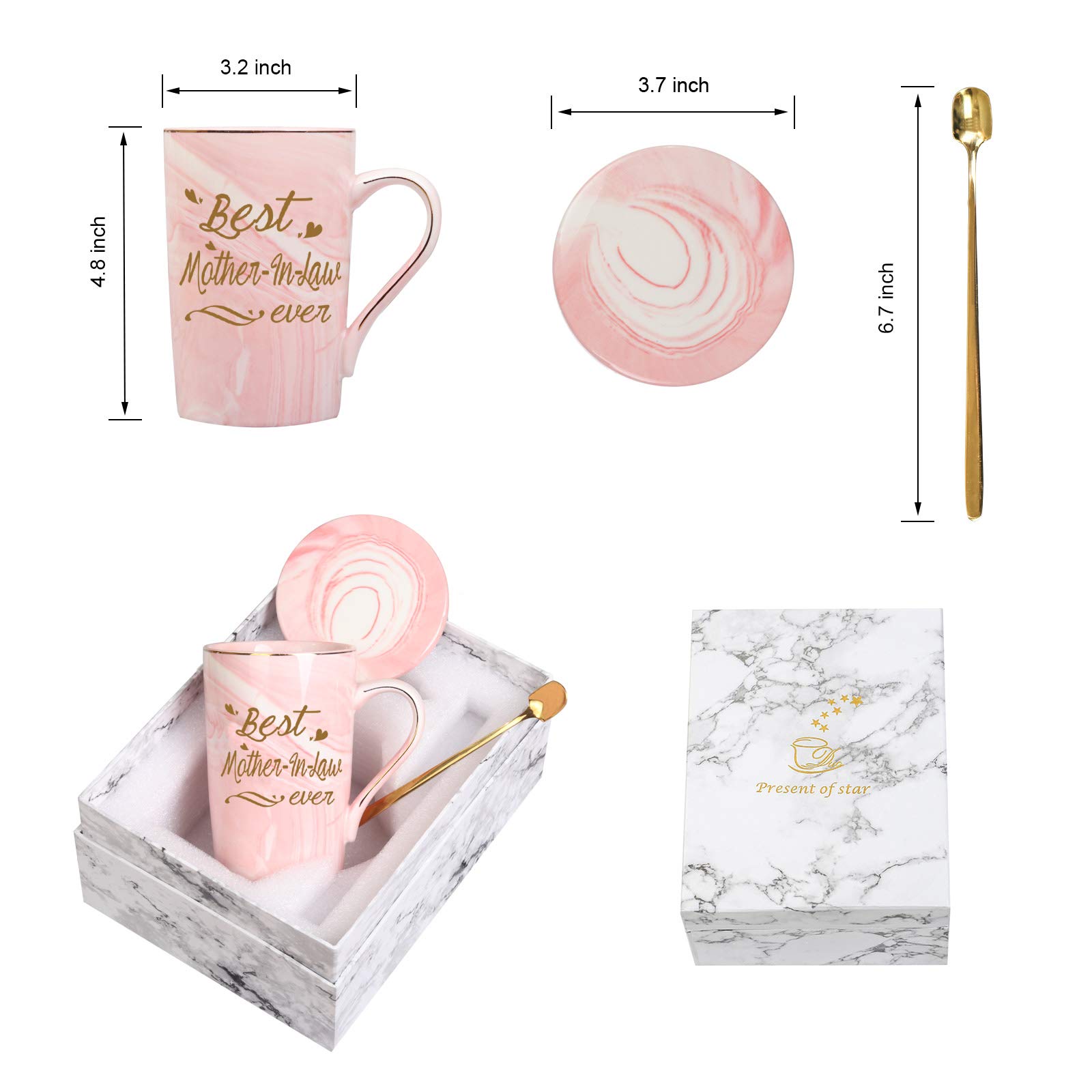 Mother In Law Coffee Mugs Best Mother In Law Gifts Birthday Mothers Day Gifts from Daughter Son In Law 14 Ounce Pink with Gift Box Spoon Coaster