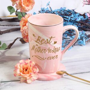 Mother In Law Coffee Mugs Best Mother In Law Gifts Birthday Mothers Day Gifts from Daughter Son In Law 14 Ounce Pink with Gift Box Spoon Coaster