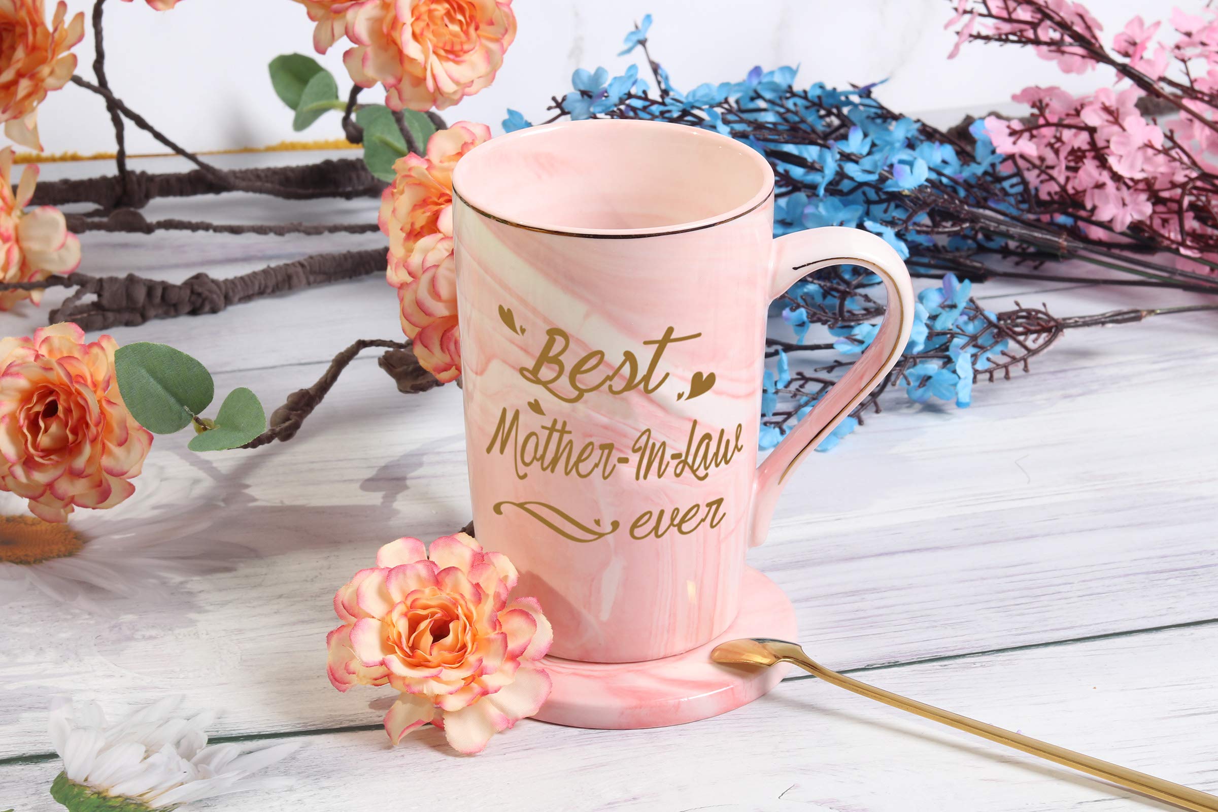 Mother In Law Coffee Mugs Best Mother In Law Gifts Birthday Mothers Day Gifts from Daughter Son In Law 14 Ounce Pink with Gift Box Spoon Coaster