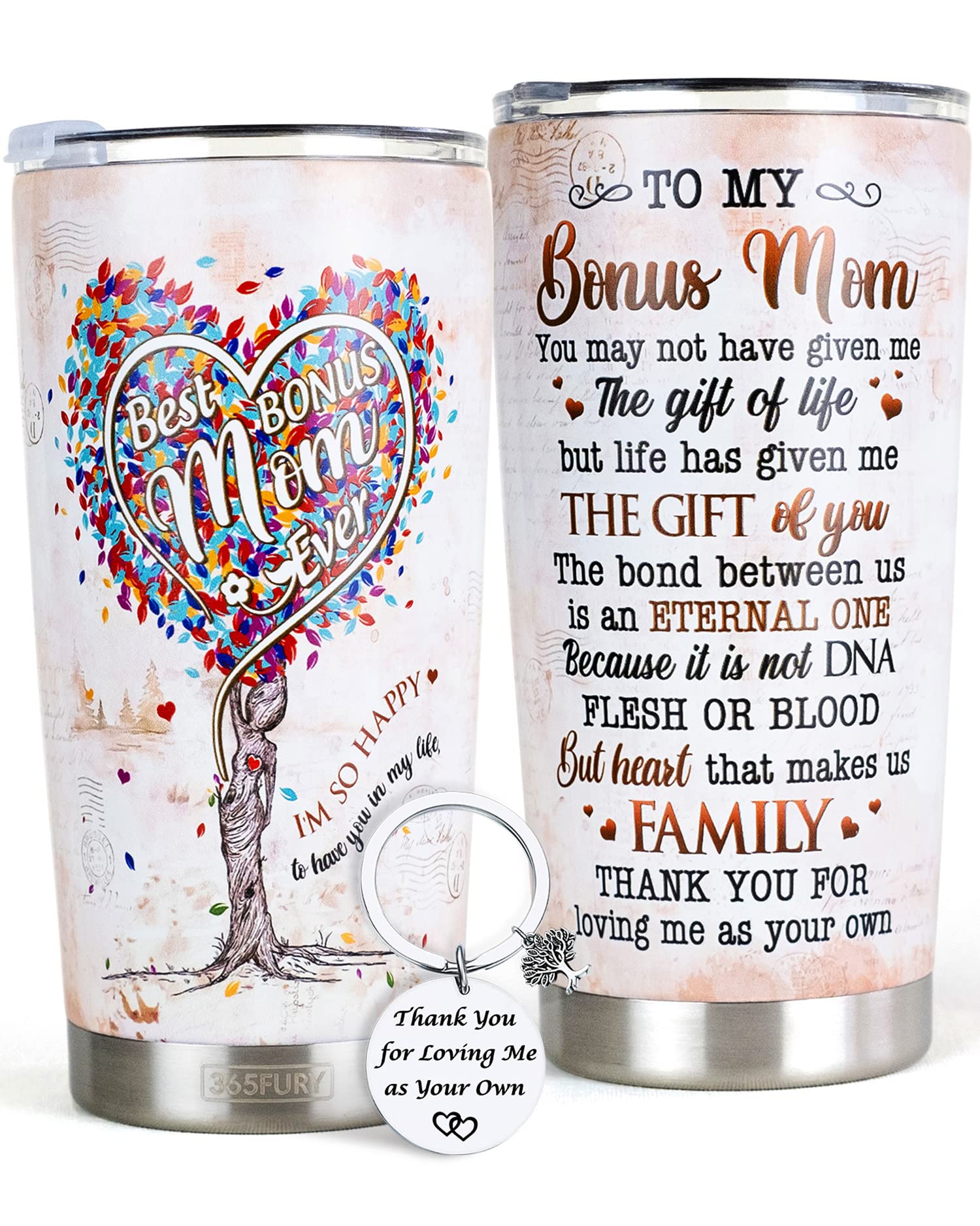 365FURY Gifts For Bonus Mom From Son, Daughter - Best Bonus, Step Ever 20oz Tumbler w/Straw & Keychain Christmas, Birthday, Mothers Day Stepmom, Mother in law, Boyfriend