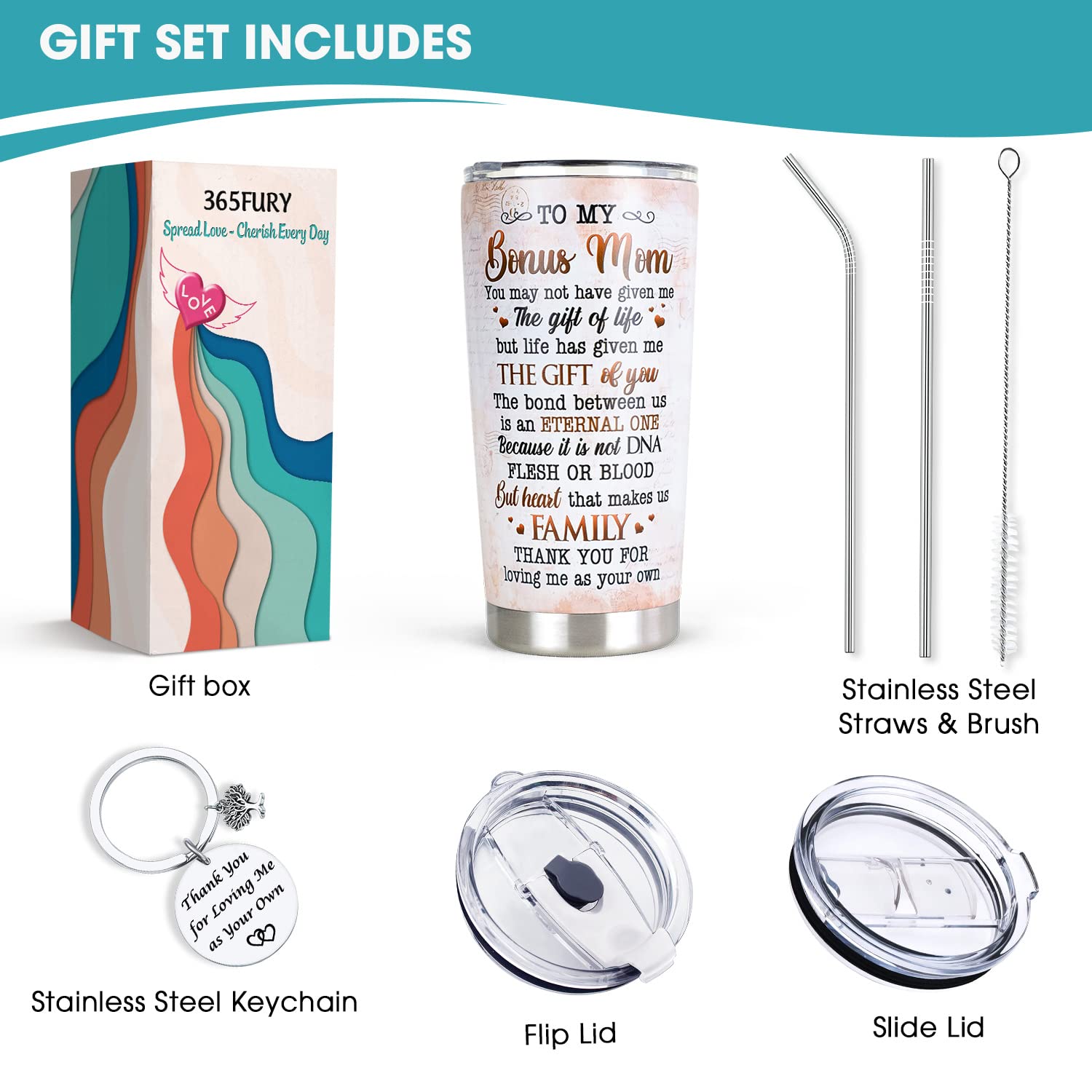 365FURY Gifts For Bonus Mom From Son, Daughter - Best Bonus, Step Ever 20oz Tumbler w/Straw & Keychain Christmas, Birthday, Mothers Day Stepmom, Mother in law, Boyfriend