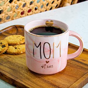 VILIGHT New Mom Gifts for Women - Christmas Gifts for First Time Moms est 2023 - Pink Marble Mug Ceramic Coffee Cup 11oz